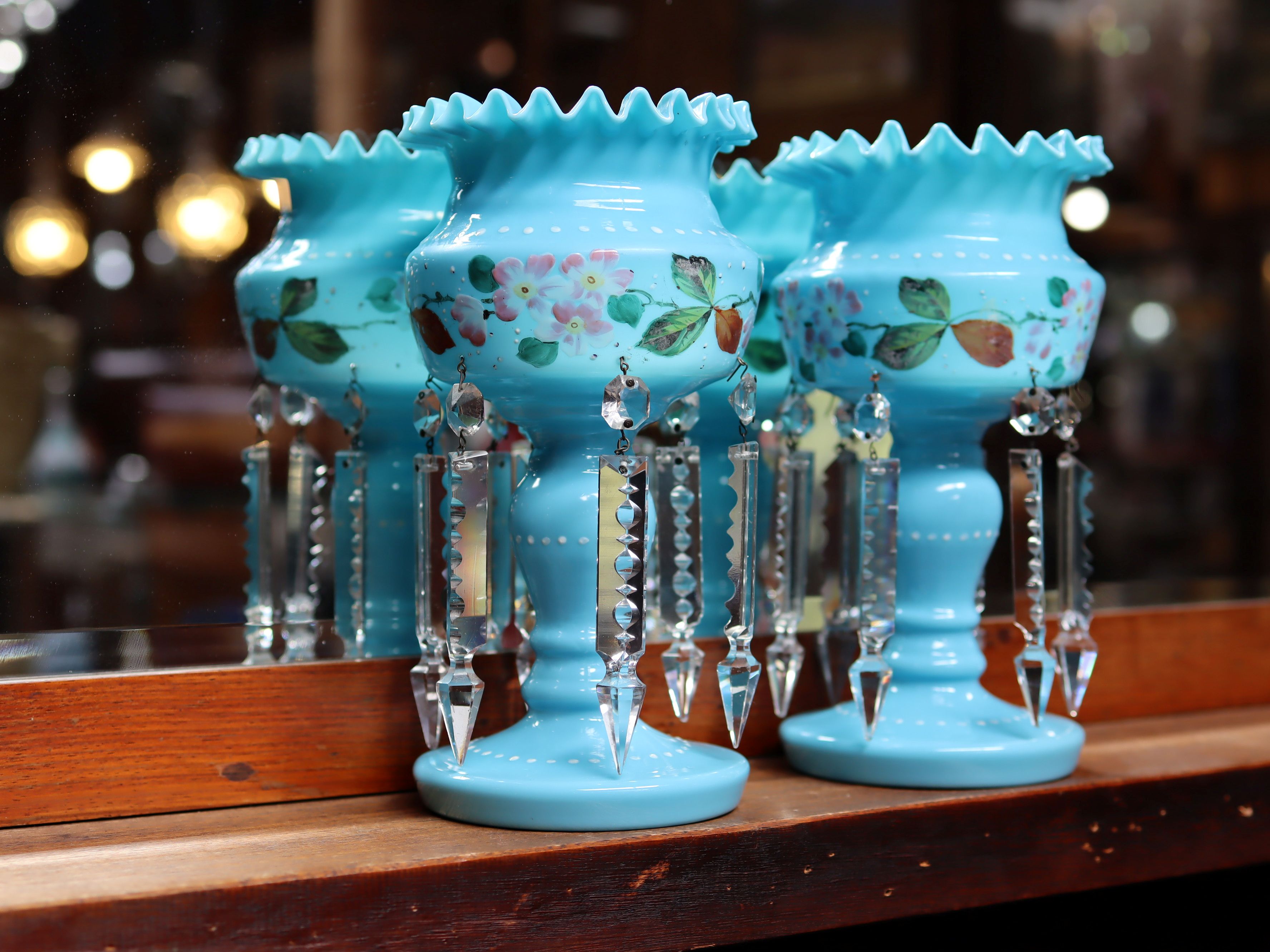 Victorian Milk Glass Mantle Lustres c.1890 - The Shop in the Bush