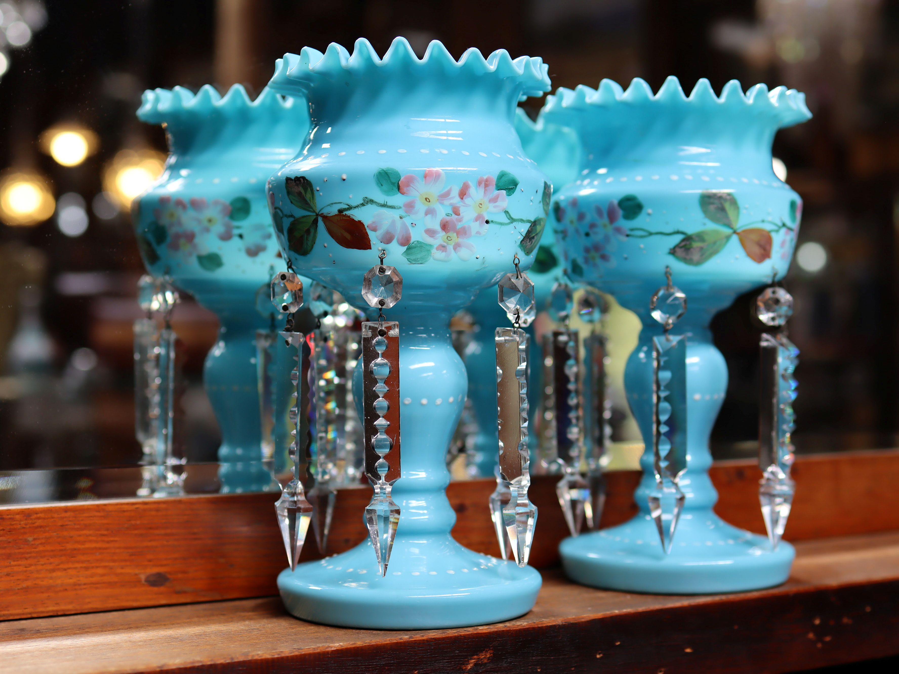 Victorian Milk Glass Mantle Lustres c.1890 - The Shop in the Bush